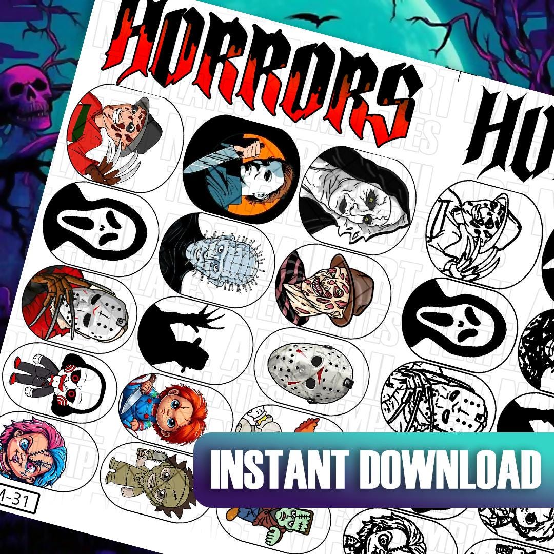 Horror Characters Nail Art Templates | Scary Movie Icons | Digital ...