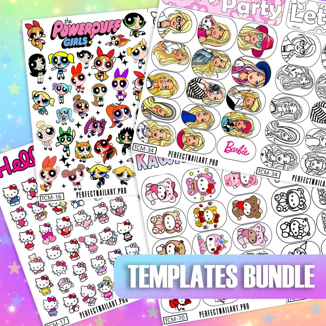 Printable Cartoon Nail Art Templates Bundle | DIY Nail Sticker Practice ...