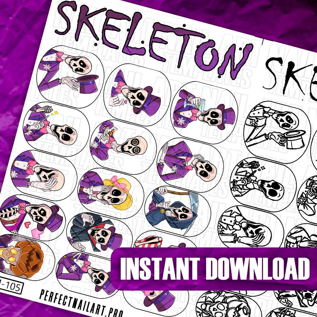 Cartoon Skeleton Nail Decal Template Fun Skeleton Nail Art Practice ...