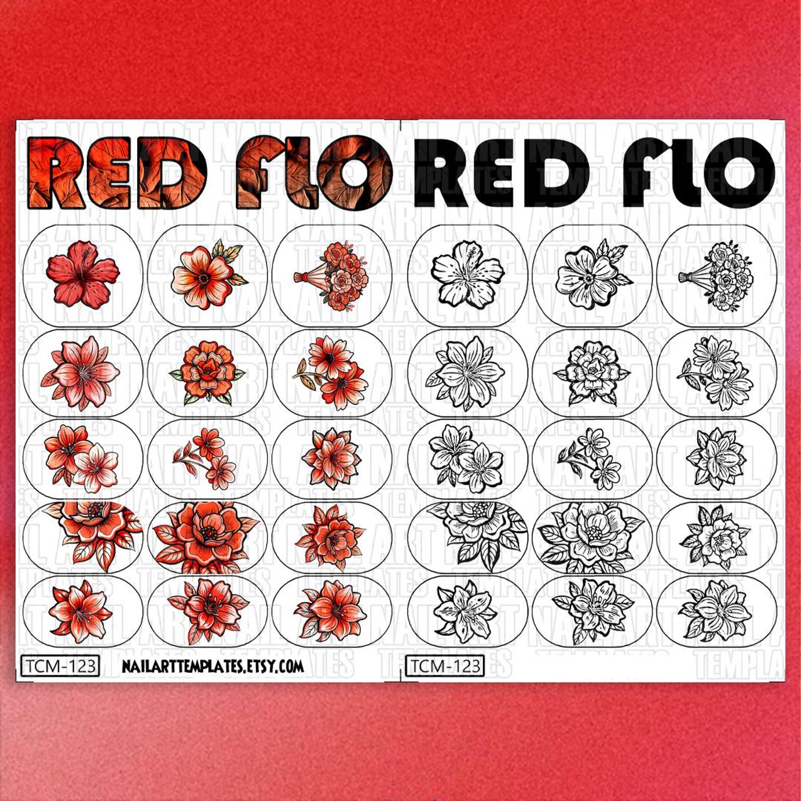 Floral Nail Art Template Pack | Red Flowers Design | Digital Nail Art ...