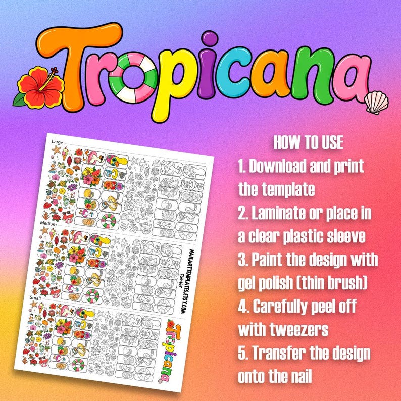 Summer Tropical Nail Art Template: Beach Vacation Decals Floral Sticker ...