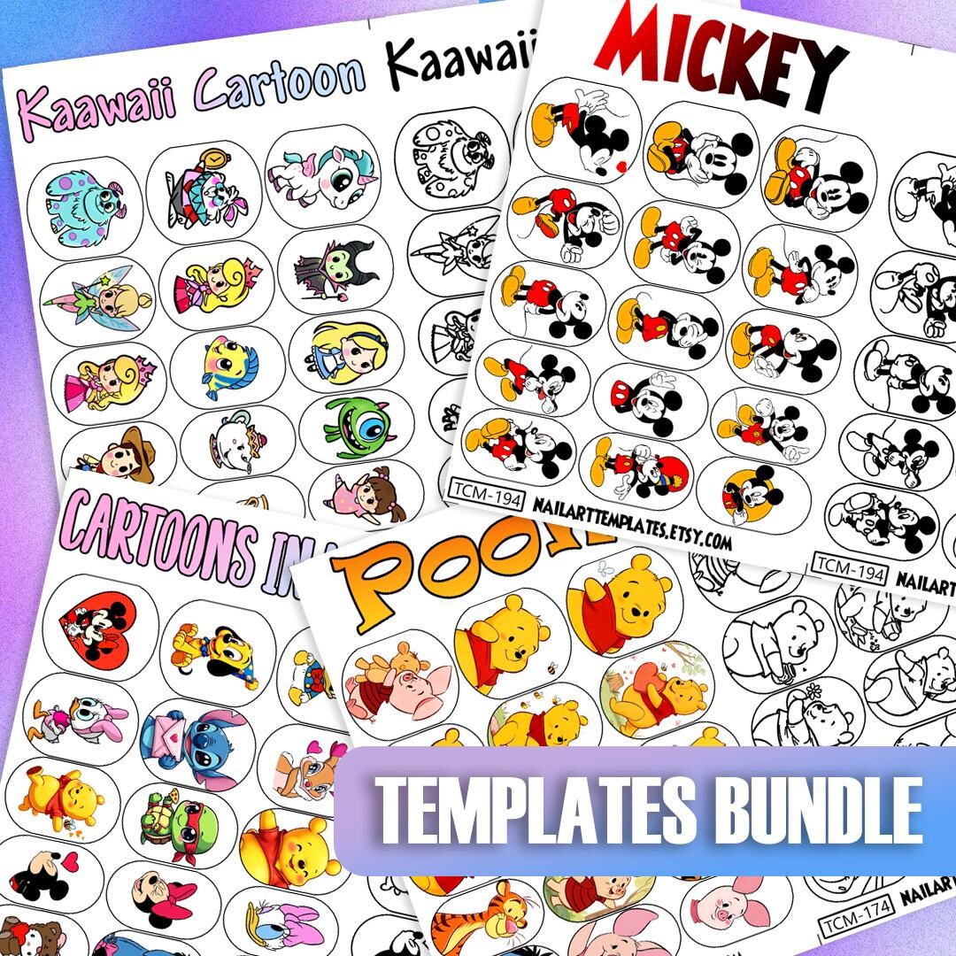 Cute Character Nail Art Templates Bundle | Cartoon Nail Decals | Nail ...