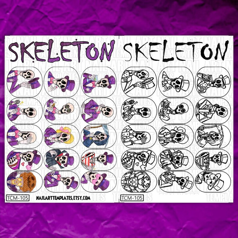 Cartoon Skeleton Nail Decal Template | Fun Skeleton Nail Art Practice ...