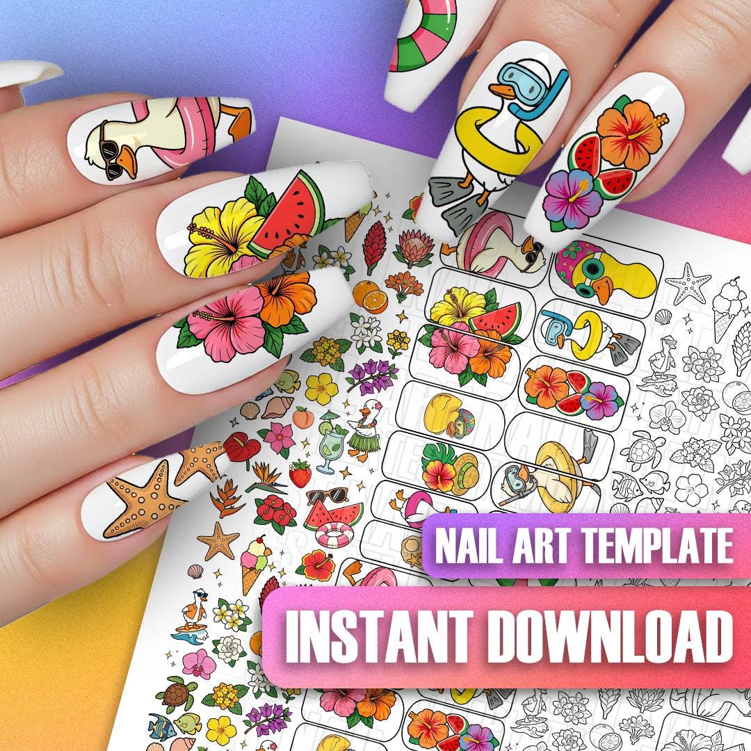Summer Tropical Nail Art Template: Beach Vacation Decals Floral Sticker ...