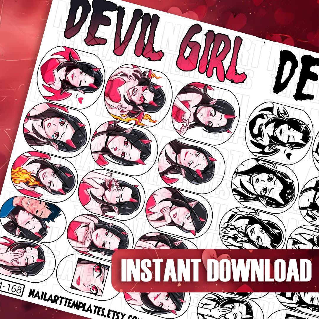 Devil Girl Nail Decals | Nail Art Stickers | Digital Nail Template ...