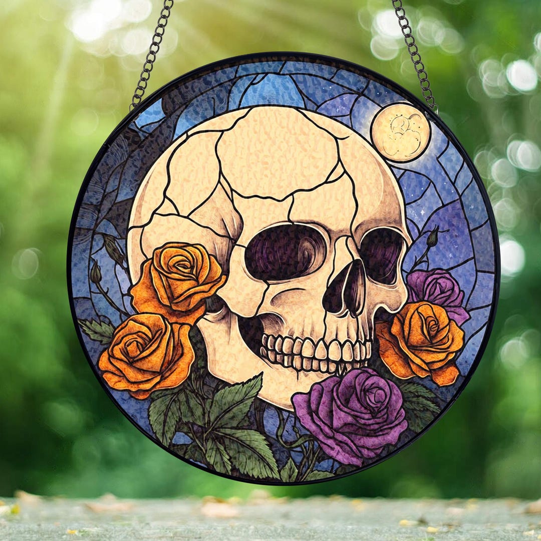 Skull Skeleton Stained Glass Suncatcher for Window, Halloween Spooky ...