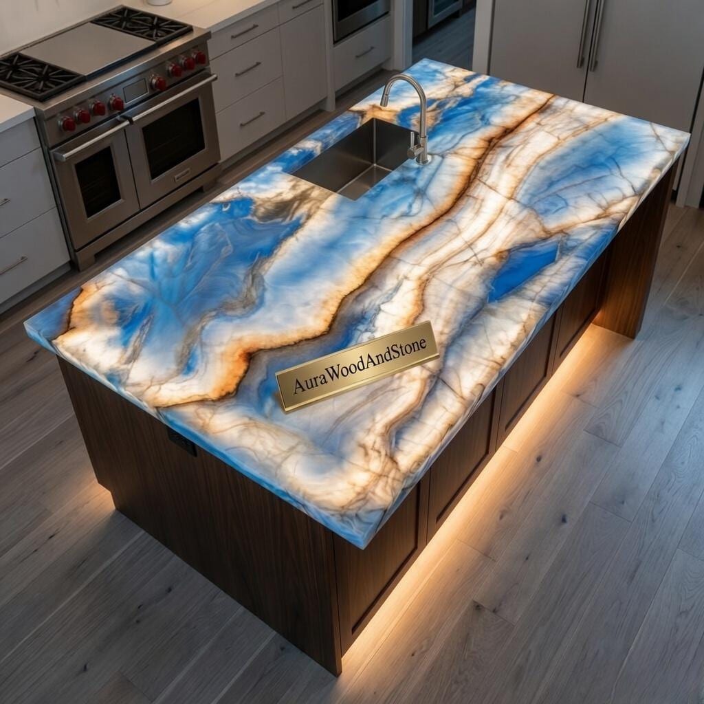 Blue Onyx Kitchen Island Countertop | Luxury Backlit Onyx Slab ...