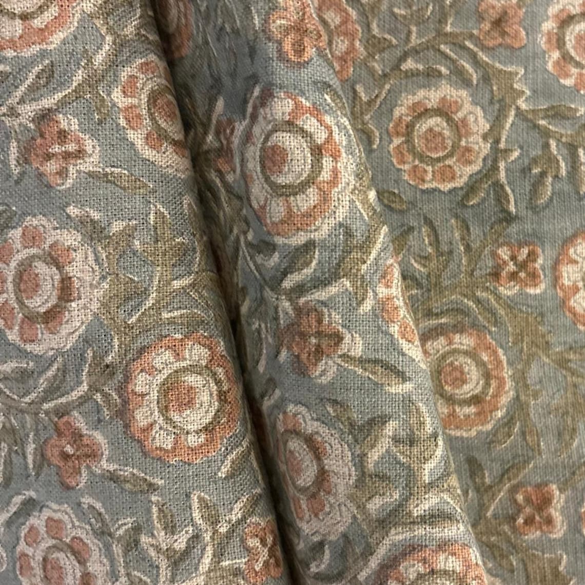 Fabric Linen Pink Blue Decor Cloth Floral Pattern Block Print ...