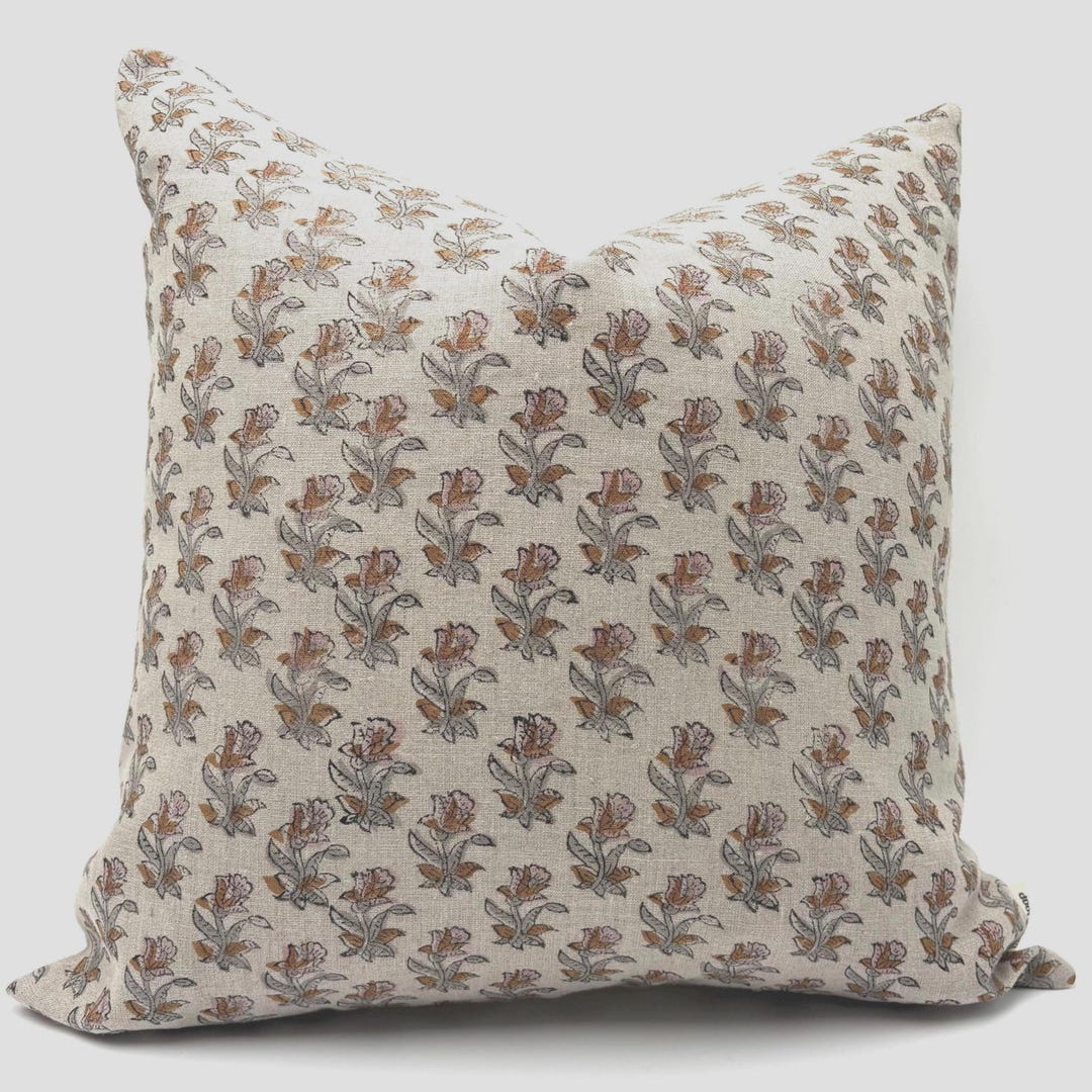 Lumbar Pillow Floral Cottage Throw Pillow Cover Block Print Linen ...