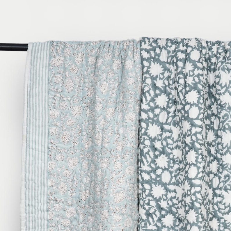 Blue Floral Quilt Cottage Style Bedding Reversible Farmhouse Decor ...