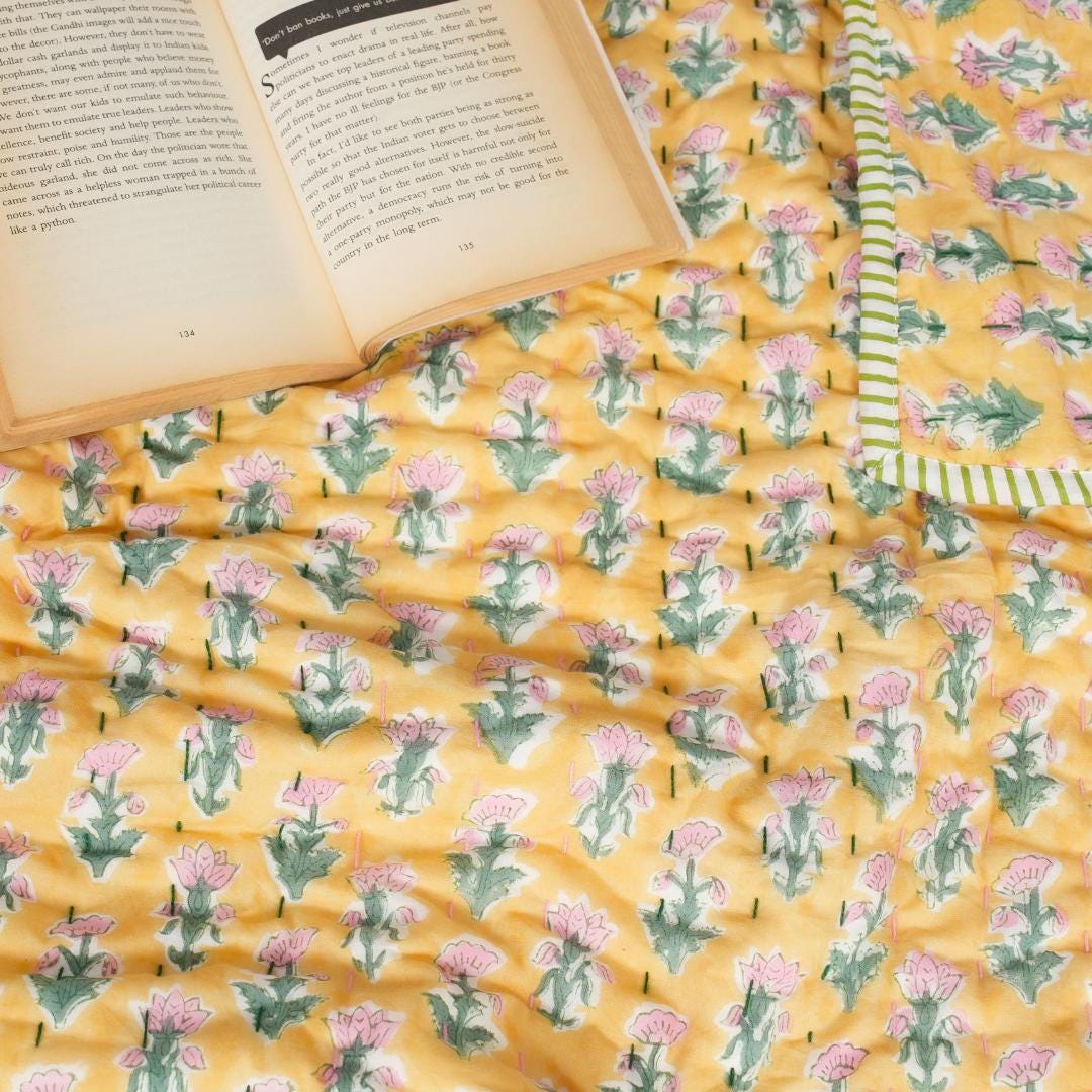 Yellow Floral Quilt Block Print Comforter Reversible Bedroom Decor Baby ...