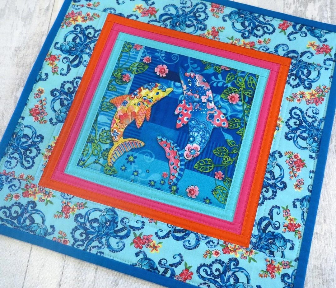 Floral Dolphins Porpoises Quilted Table Topper 16.25" Square Fabric ...