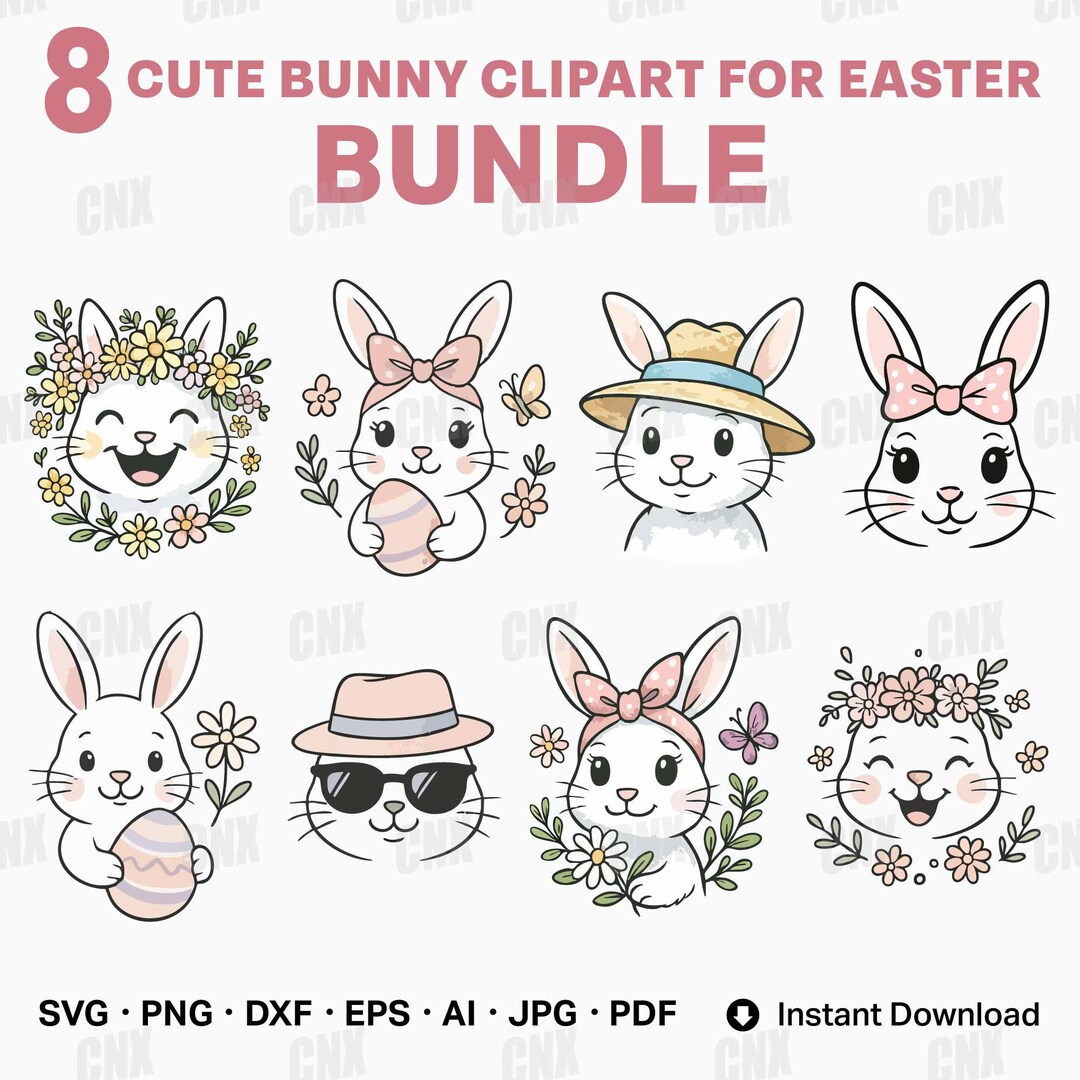 8 Boho Easter Bunny Clipart, Pastel Rabbits With Glasses, Easter Day ...