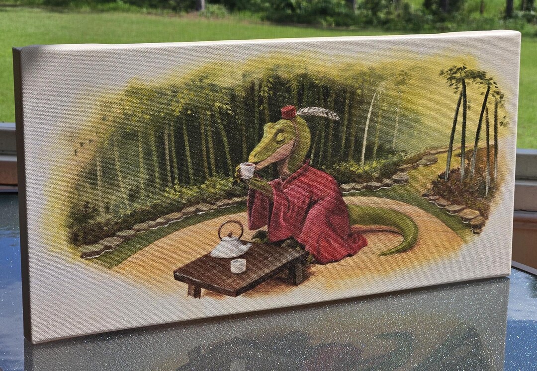 A Raptor in Repose Canvas Art Print, Anthropomorphic Dinosaur Drinking ...