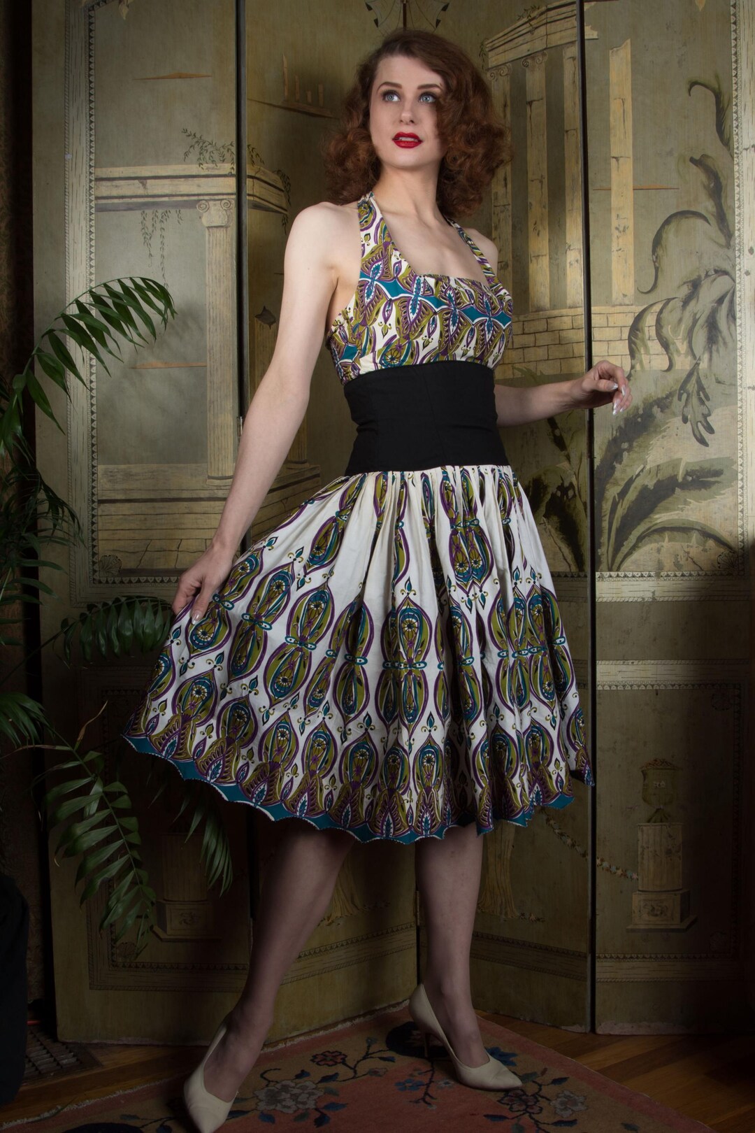1950s Dress - Killer Alfred Shaheen Halter Dress With MCM Print and ...