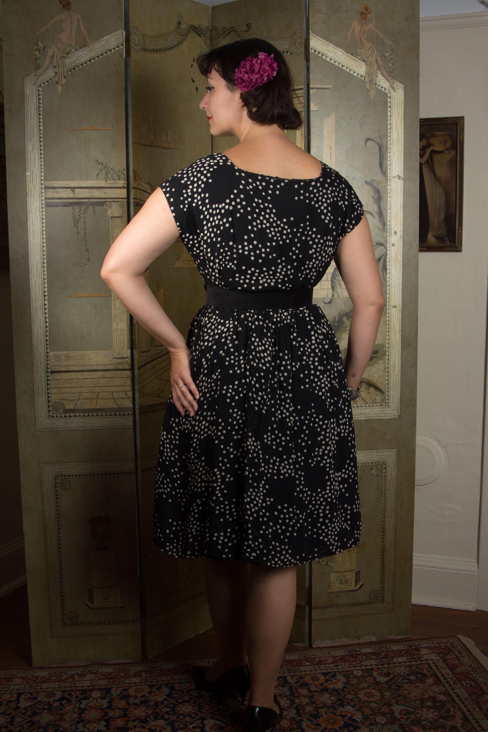 1950s Volup Day Dress in Black With White Polka Dots Rayon Chiffon Over ...