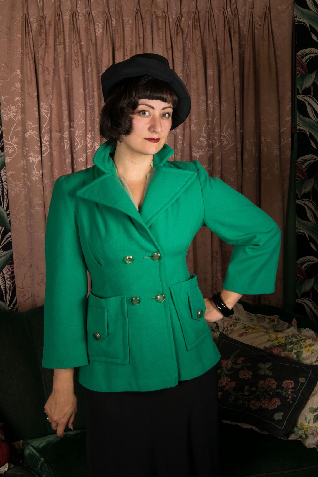 1940s Jacket - Bright Jade Green Wool Later 40s Jacket With Massive ...