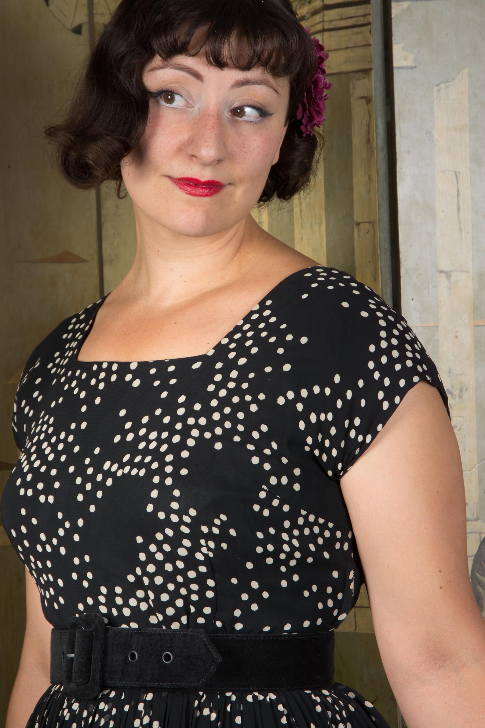 1950s Volup Day Dress in Black With White Polka Dots Rayon Chiffon Over ...