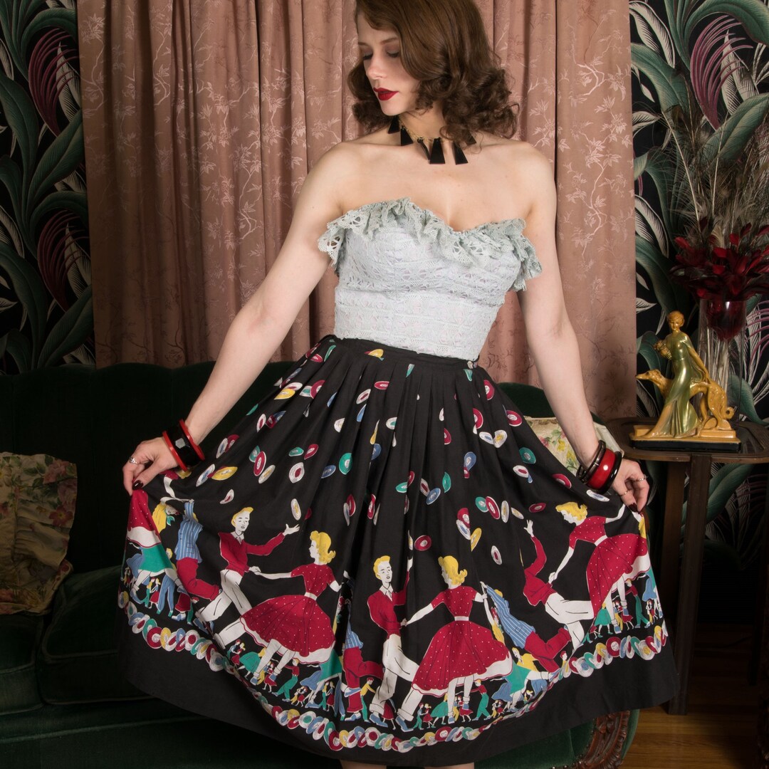 1950s Skirt - Bright Vintage 50s Novelty Border Print Skirt With ...