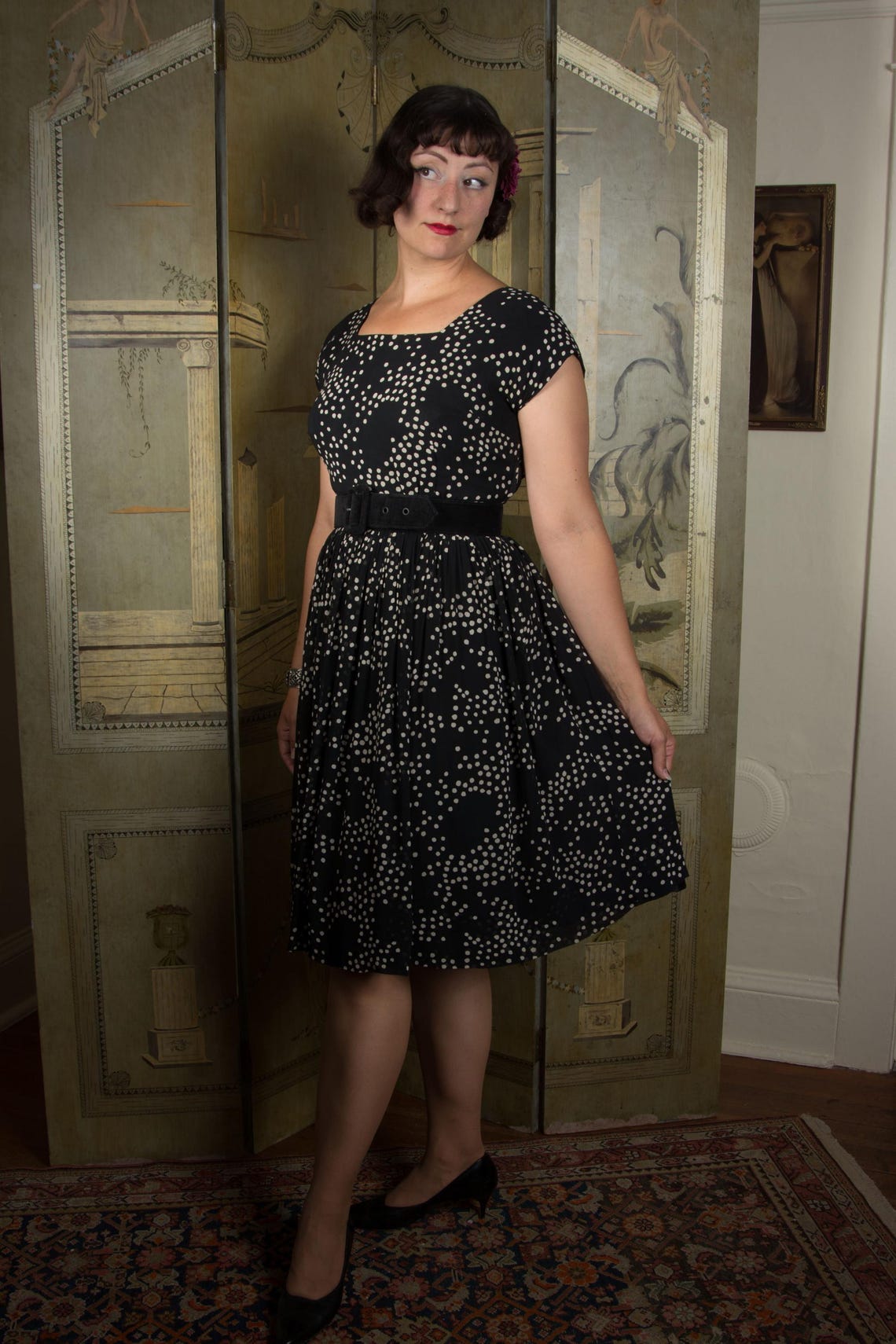 1950s Volup Day Dress in Black With White Polka Dots Rayon Chiffon Over ...