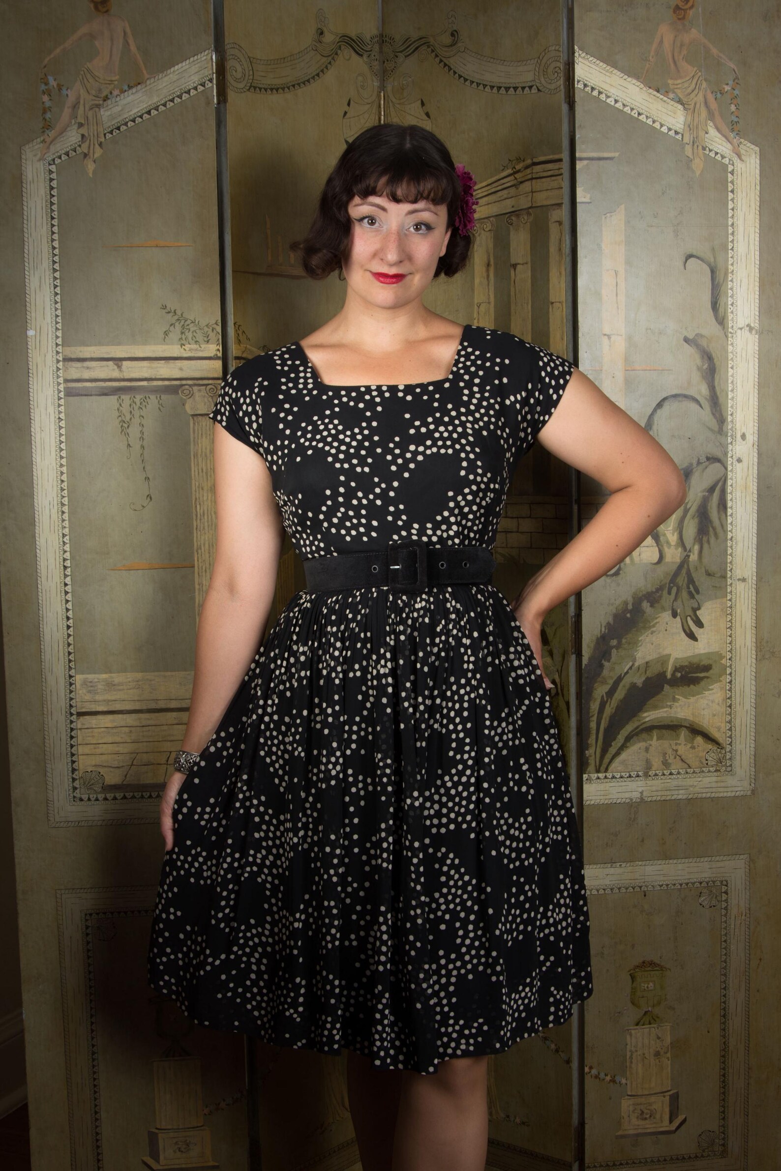 1950s Volup Day Dress in Black With White Polka Dots Rayon Chiffon Over ...