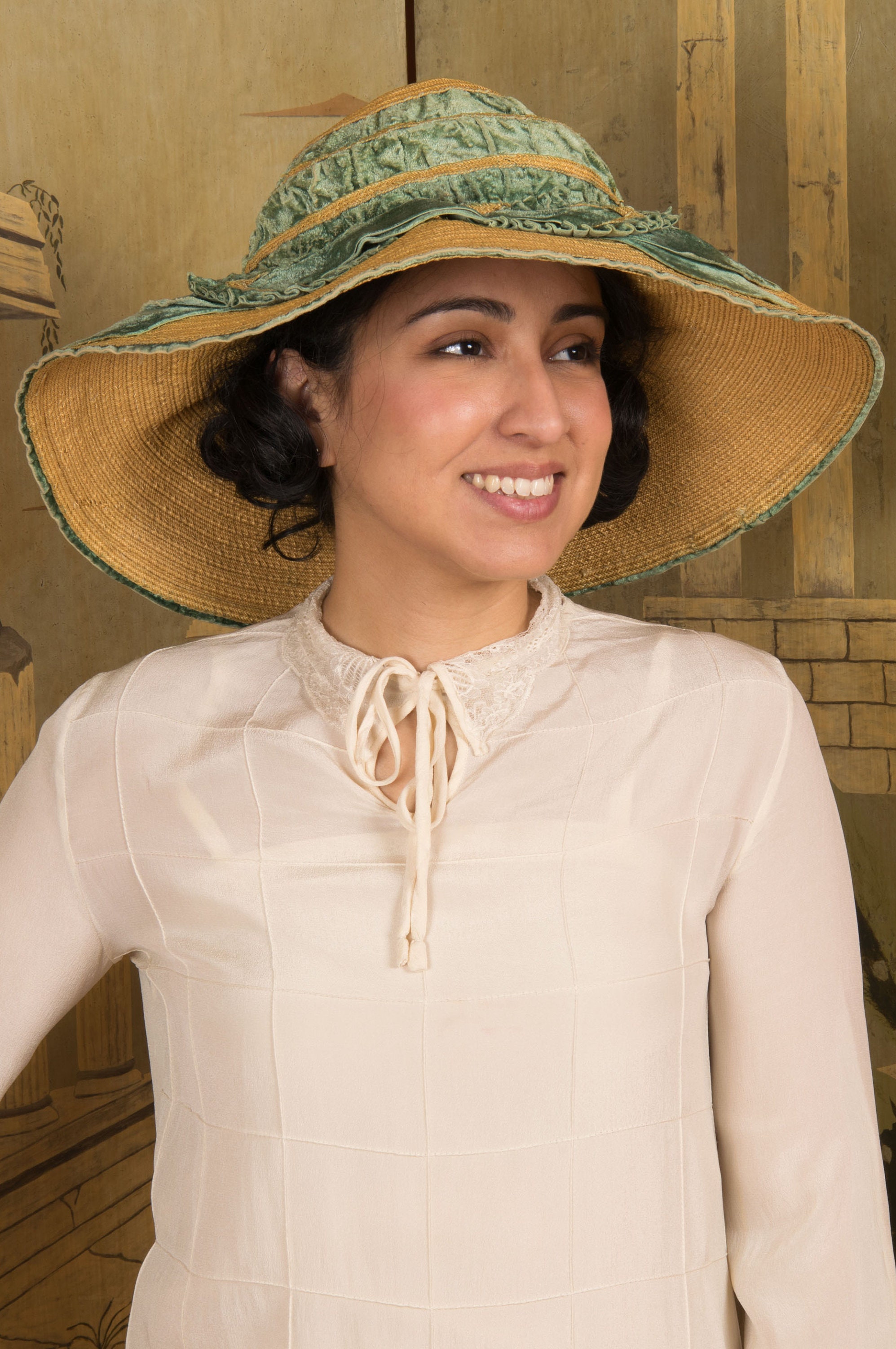 1910s Hat - Rare Late 1910s Decadent Straw Summer Hat with Ruched Green ...