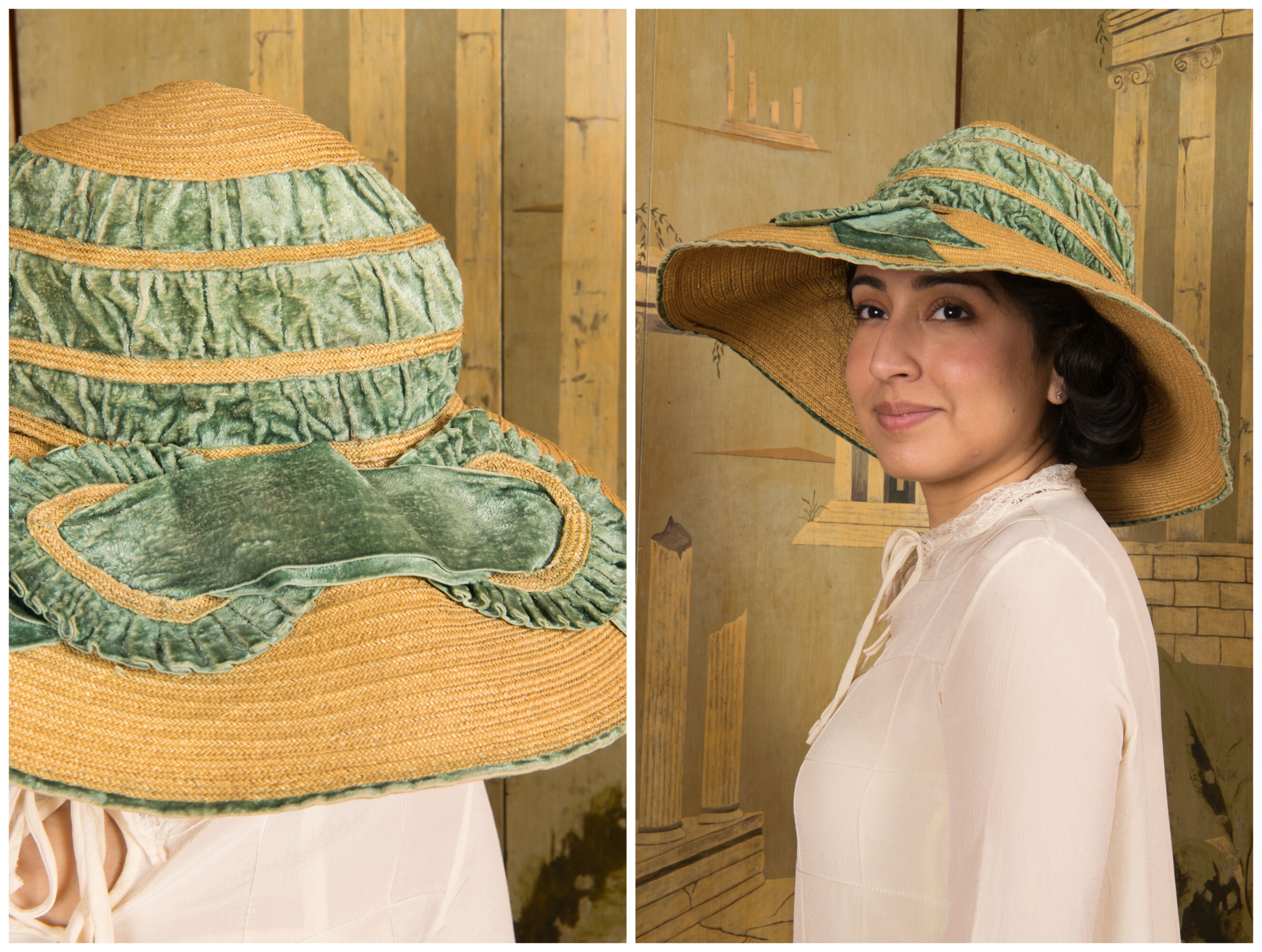1910s Hat - Rare Late 1910s Decadent Straw Summer Hat with Ruched Green ...