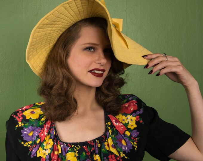 1940s Hat - Cheery Butter Yellow Face Framing Wide Brim 40s Hat With ...