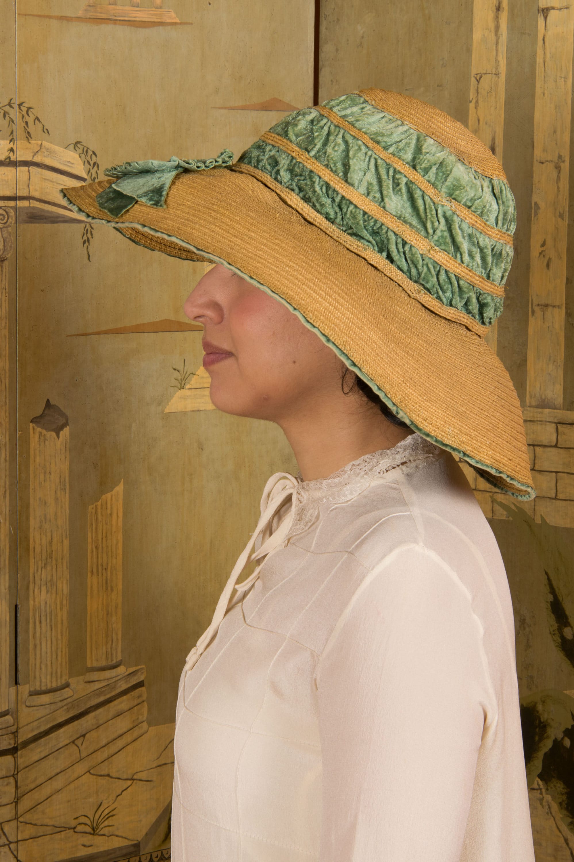 1910s Hat - Rare Late 1910s Decadent Straw Summer Hat with Ruched Green ...
