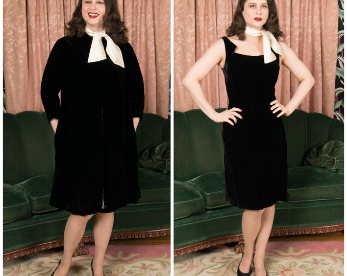 1950s Dress - Chic Two Piece Jet Black Velvet Dress and Evening Coat ...