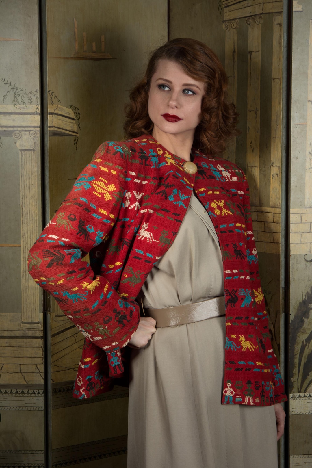 1940s Jacket - Bold Vintage 40s Woven Heavy Cotton Jacket With Colorful ...