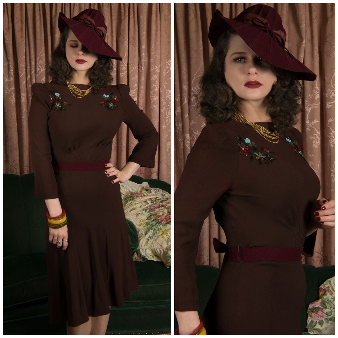 1940s Dress Fantastic Early 40s Rich Brown Rayon Day Dress With Floral ...