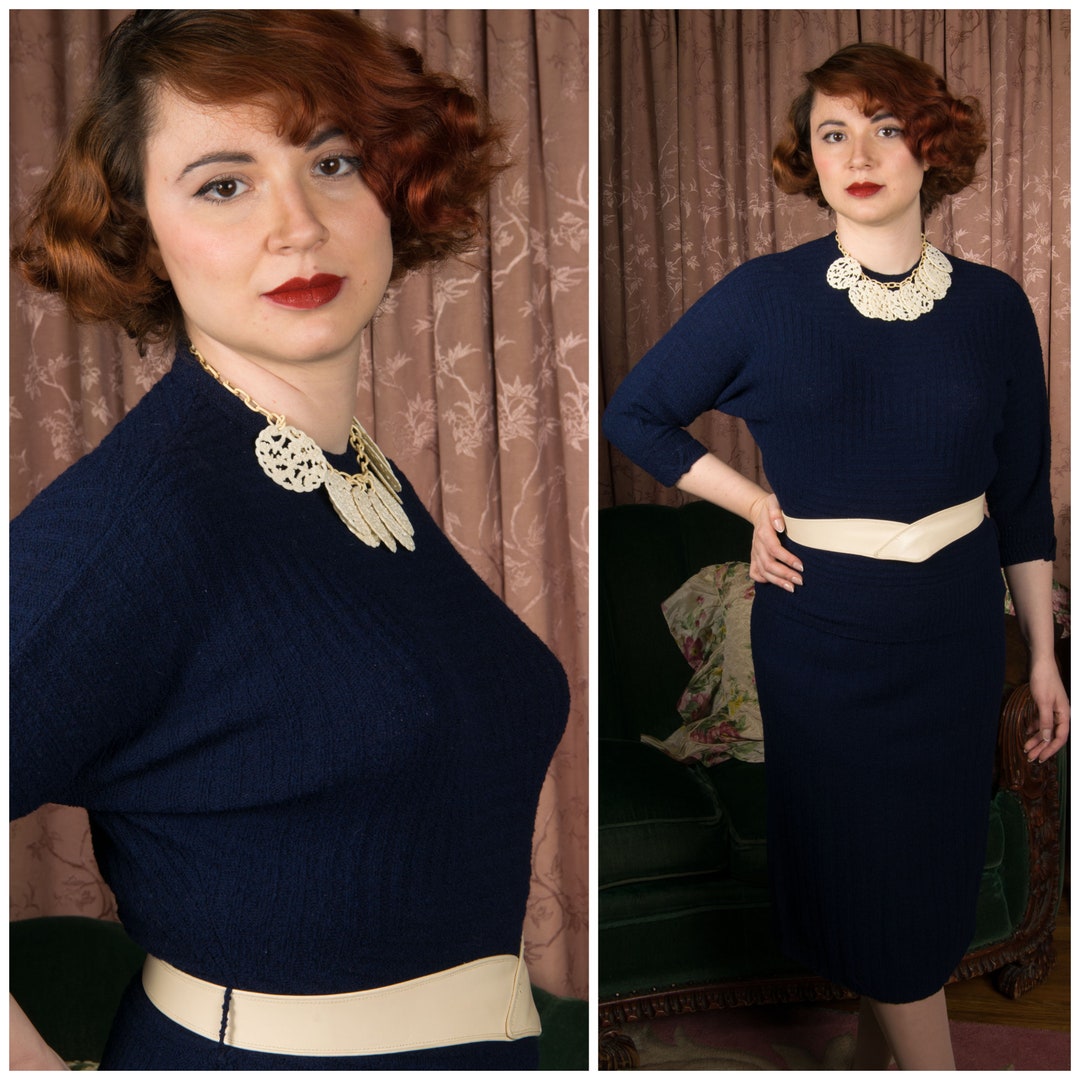 1950s Sweater Set Bombshell 50s Knit Set in Navy Blue Wool With Square ...