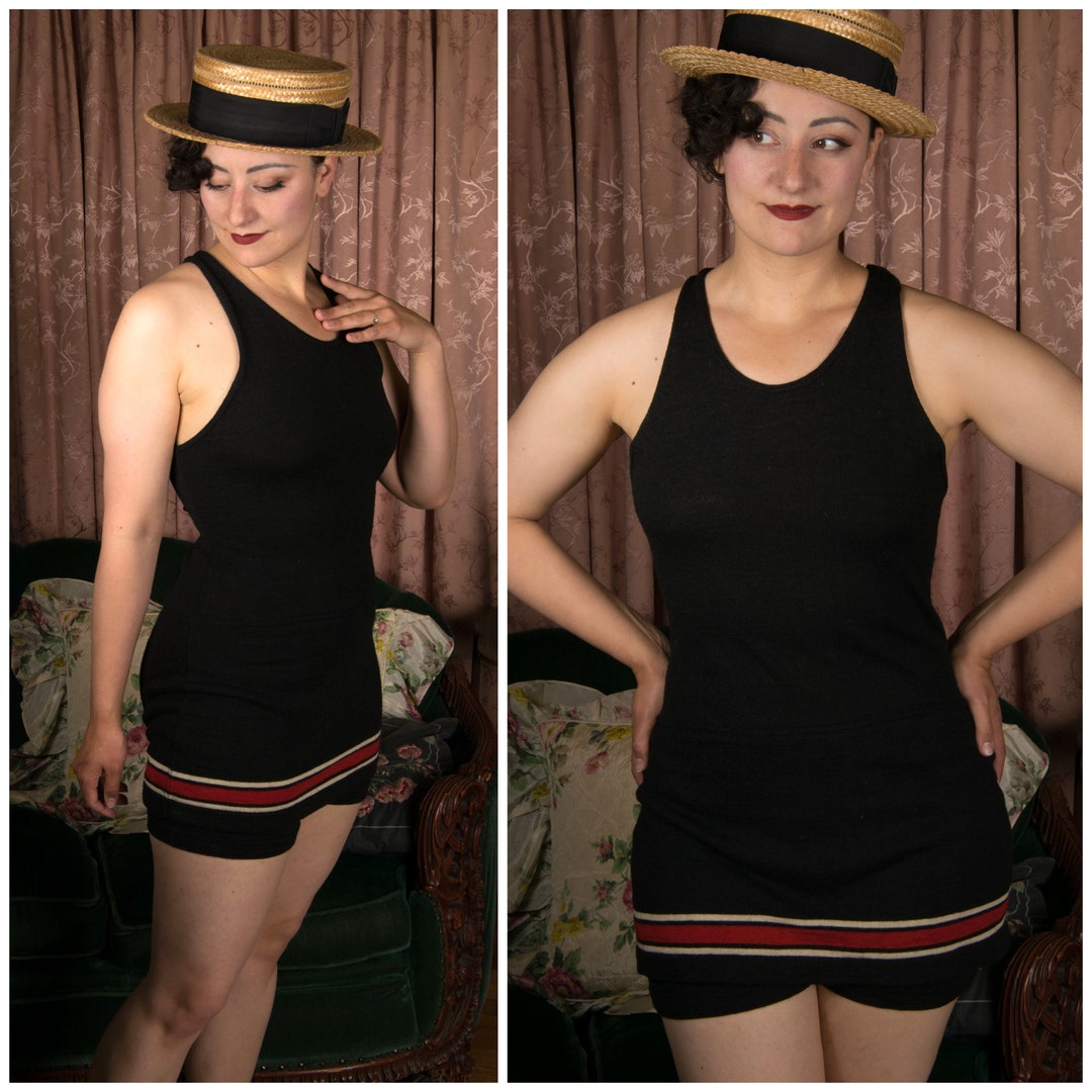 1920s Bathing Suit - Class Black Wool Vintage 20s Bathing Suit With Red ...