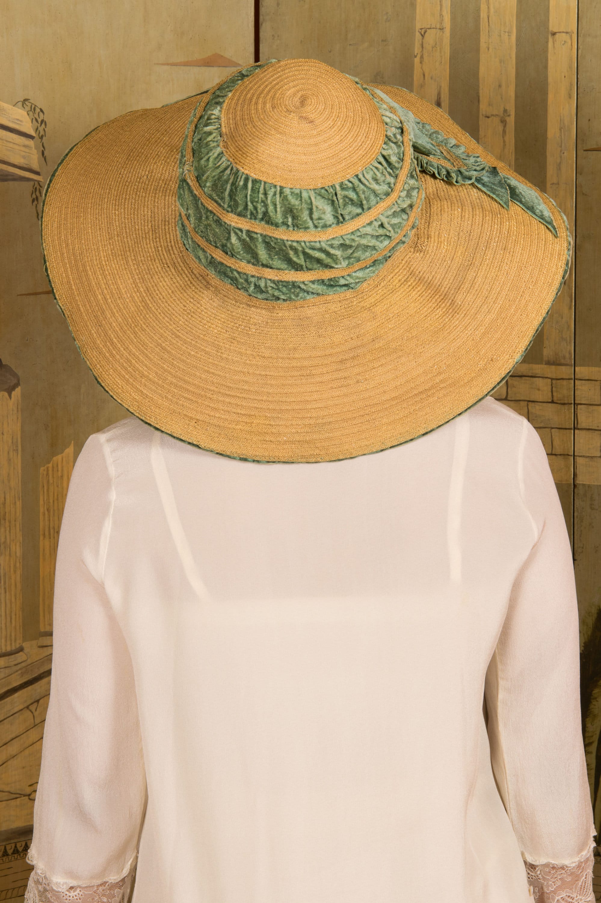 1910s Hat - Rare Late 1910s Decadent Straw Summer Hat with Ruched Green ...