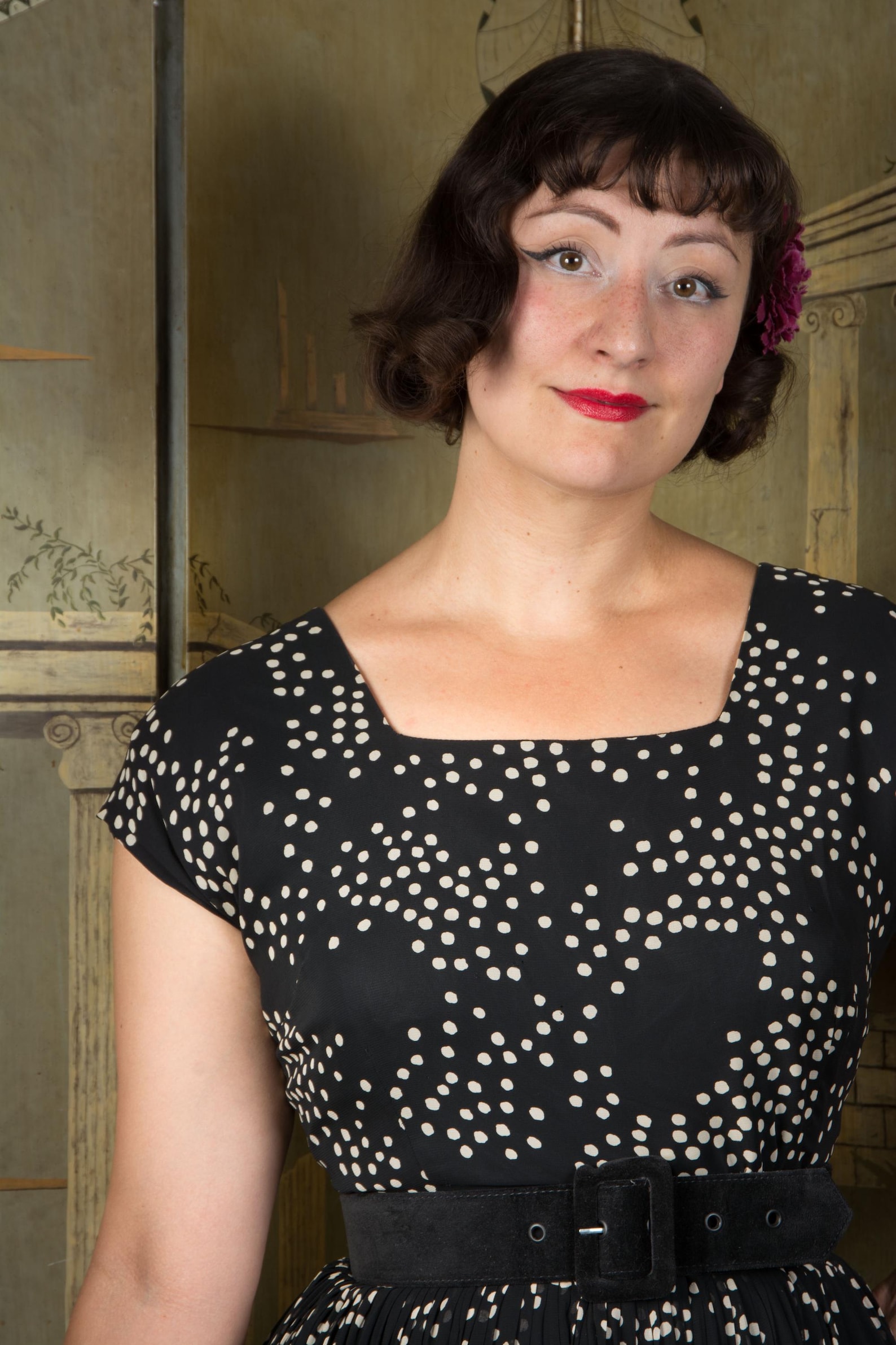 1950s Volup Day Dress in Black With White Polka Dots Rayon Chiffon Over ...