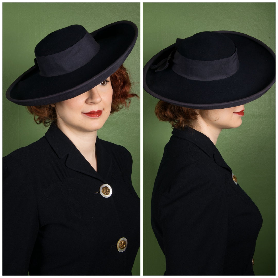 1940s Hat - Sporty Wide Brimmed Breton Style Wool Felt Tilt Hat With ...