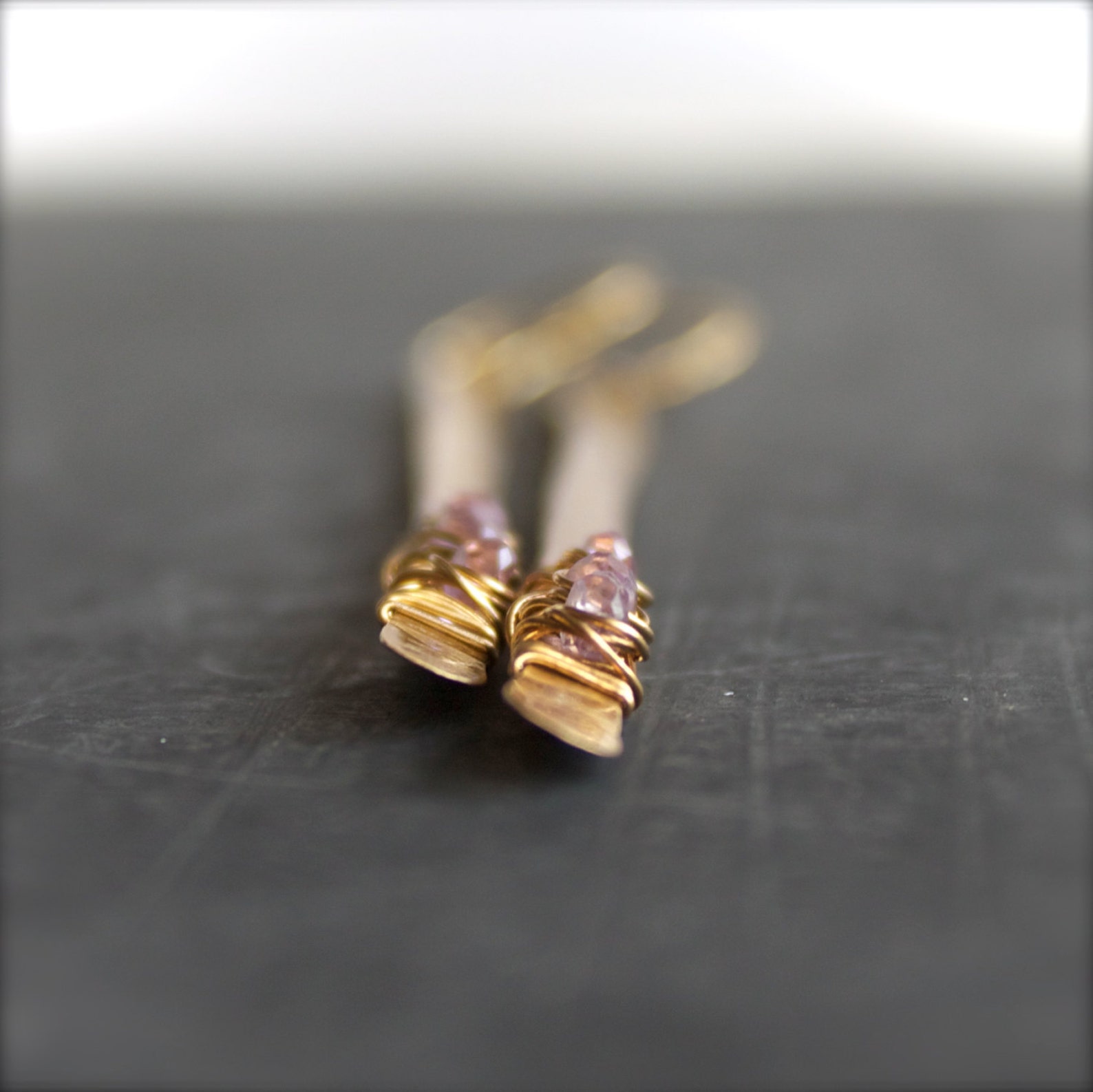 Pink Amethyst Stick Earrings - Gold Brass, Wire-wrapped Metalwork ...