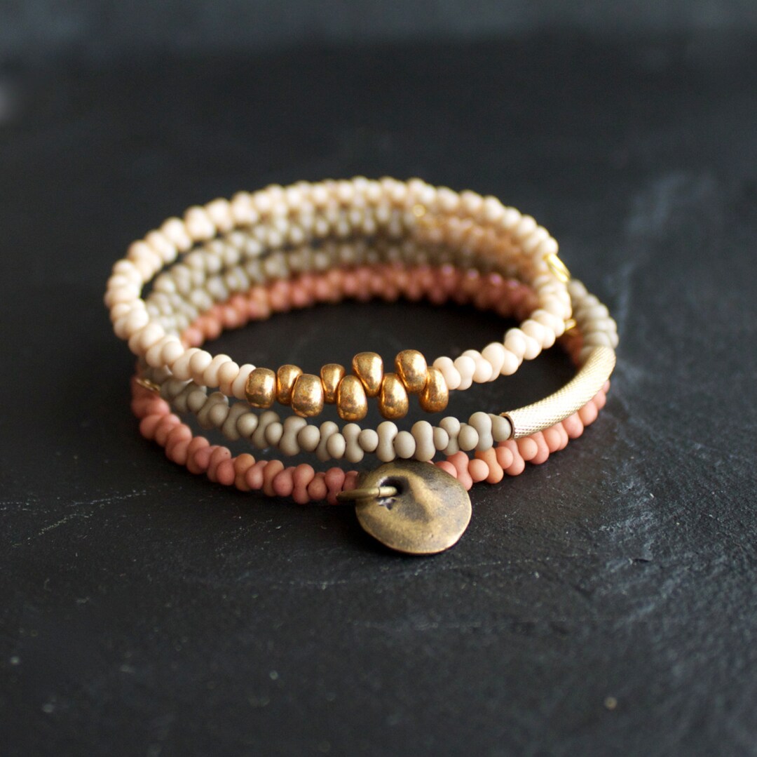 Stacking Bracelets Set Bronze Coin Beaded Wrap Cuff Bone White, Tan ...