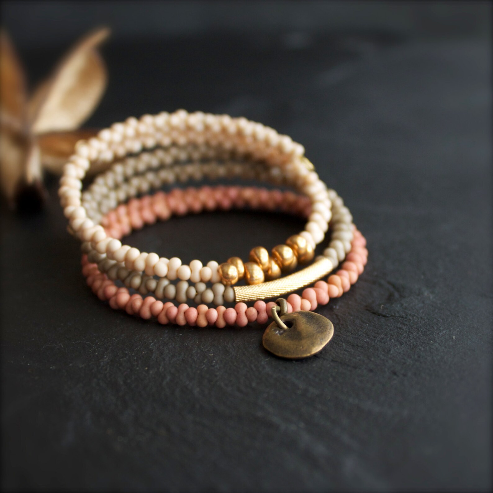 Stacking Bracelets Set Bronze Coin Beaded Wrap Cuff Bone White, Tan ...