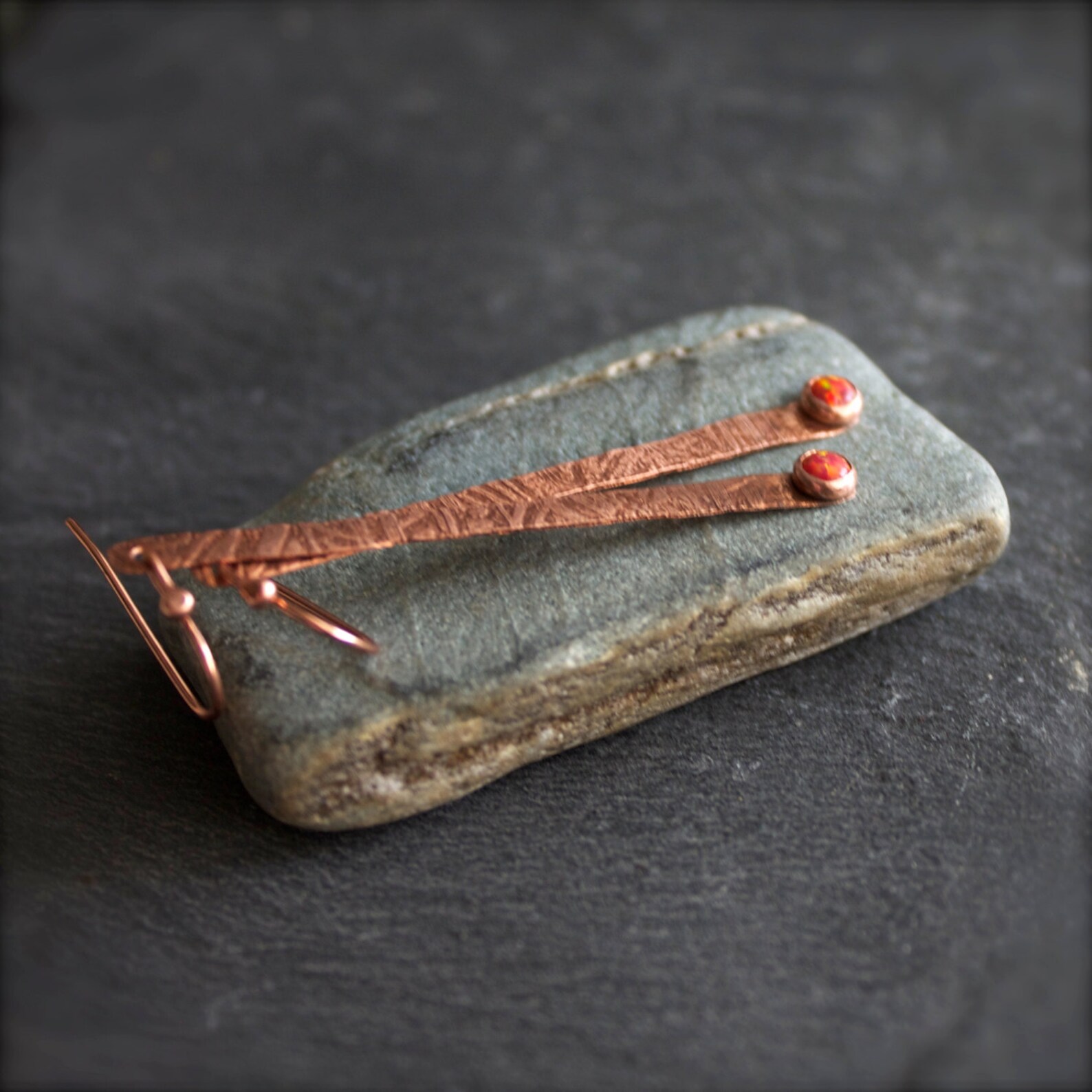 Red Fire Opal Earrings Etched Copper Stick, Thin Bar Earrings, Boho ...