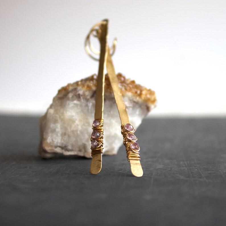 Pink Amethyst Stick Earrings - Gold Brass, Wire-wrapped Metalwork ...