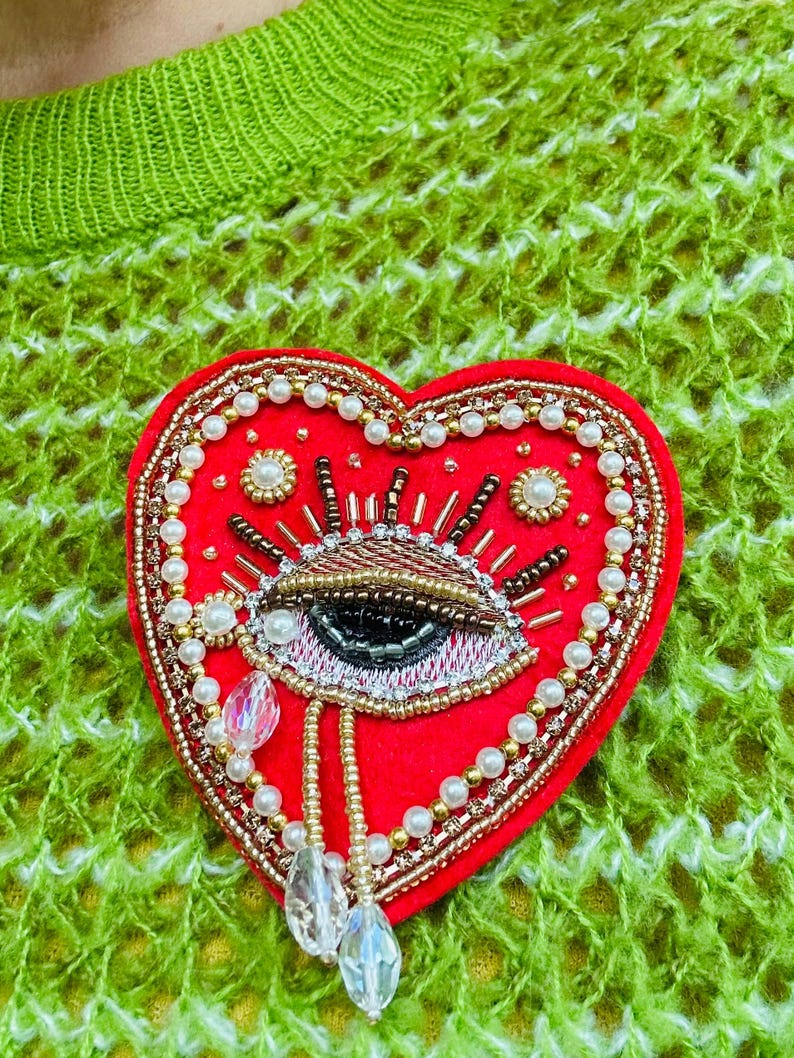 Beaded Heart Evil Eye Brooch: Handmade Embroidered Pin - Etsy