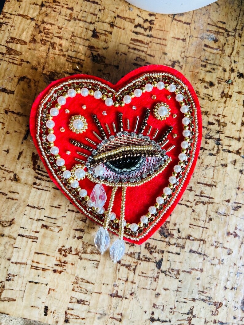 Beaded Heart Evil Eye Brooch: Handmade Embroidered Pin - Etsy