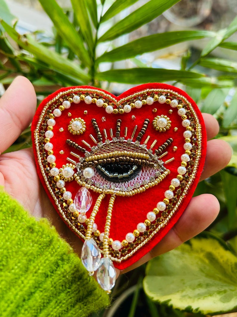 Beaded Heart Evil Eye Brooch: Handmade Embroidered Pin - Etsy