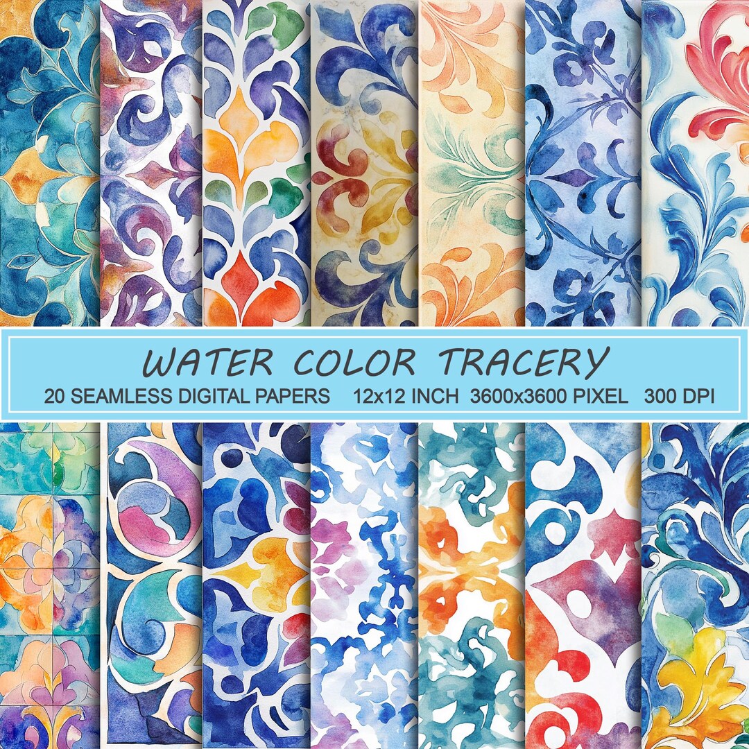 20 Water Color Tracery Seamless Patterns, Water Color Digital Paper ...