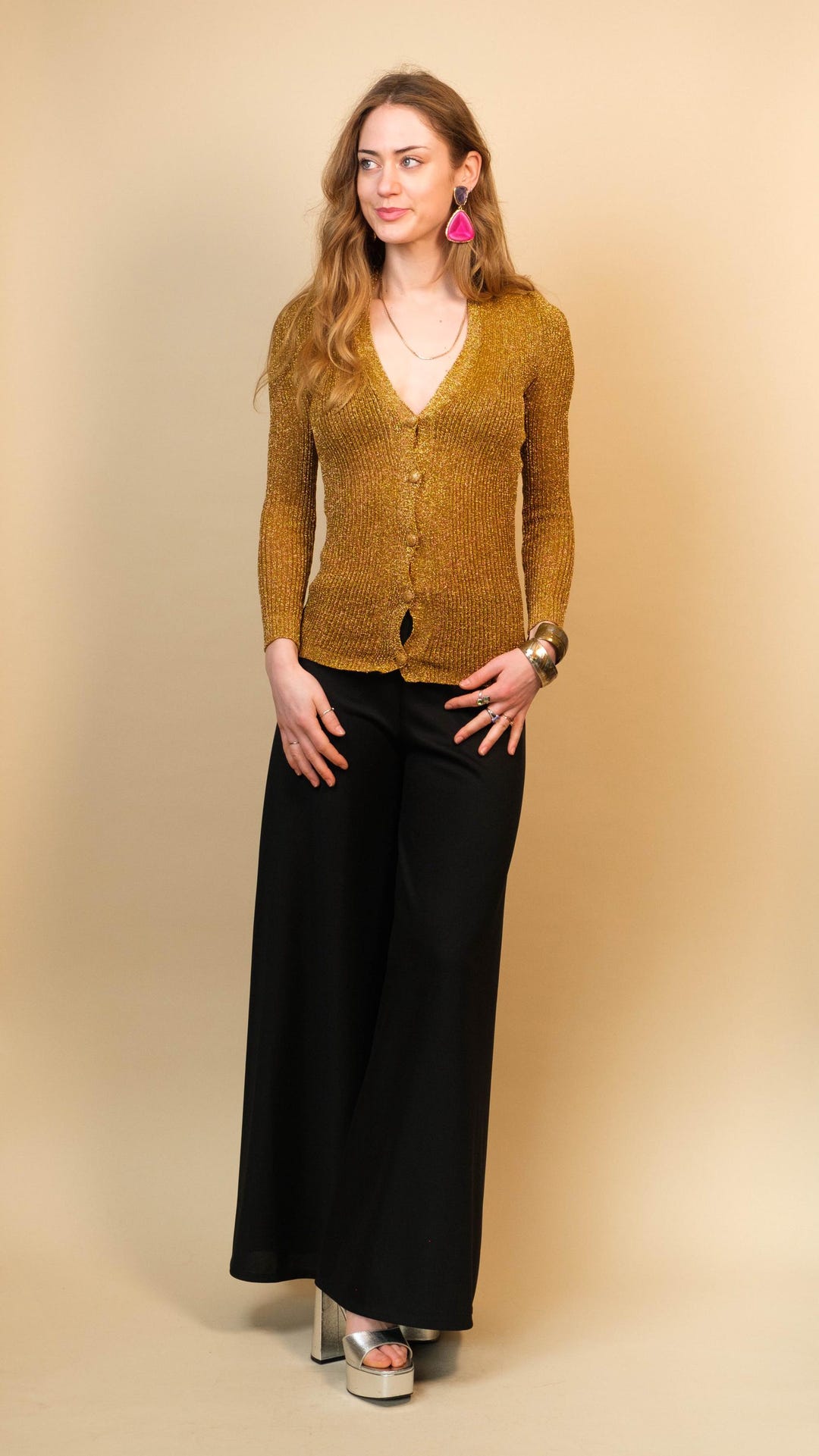 Vintage 1970s Gold Metallic Cardigan - Etsy