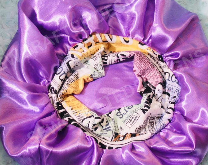Unique Purple Satin Hair Bonnet With Custom Newspaper Print Headband ...