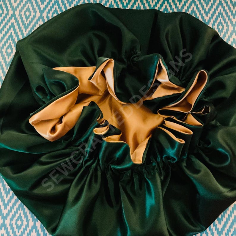 Reversible Satin Bonnet Adjustable Sleep Cap, Green Gold Silk Lined ...