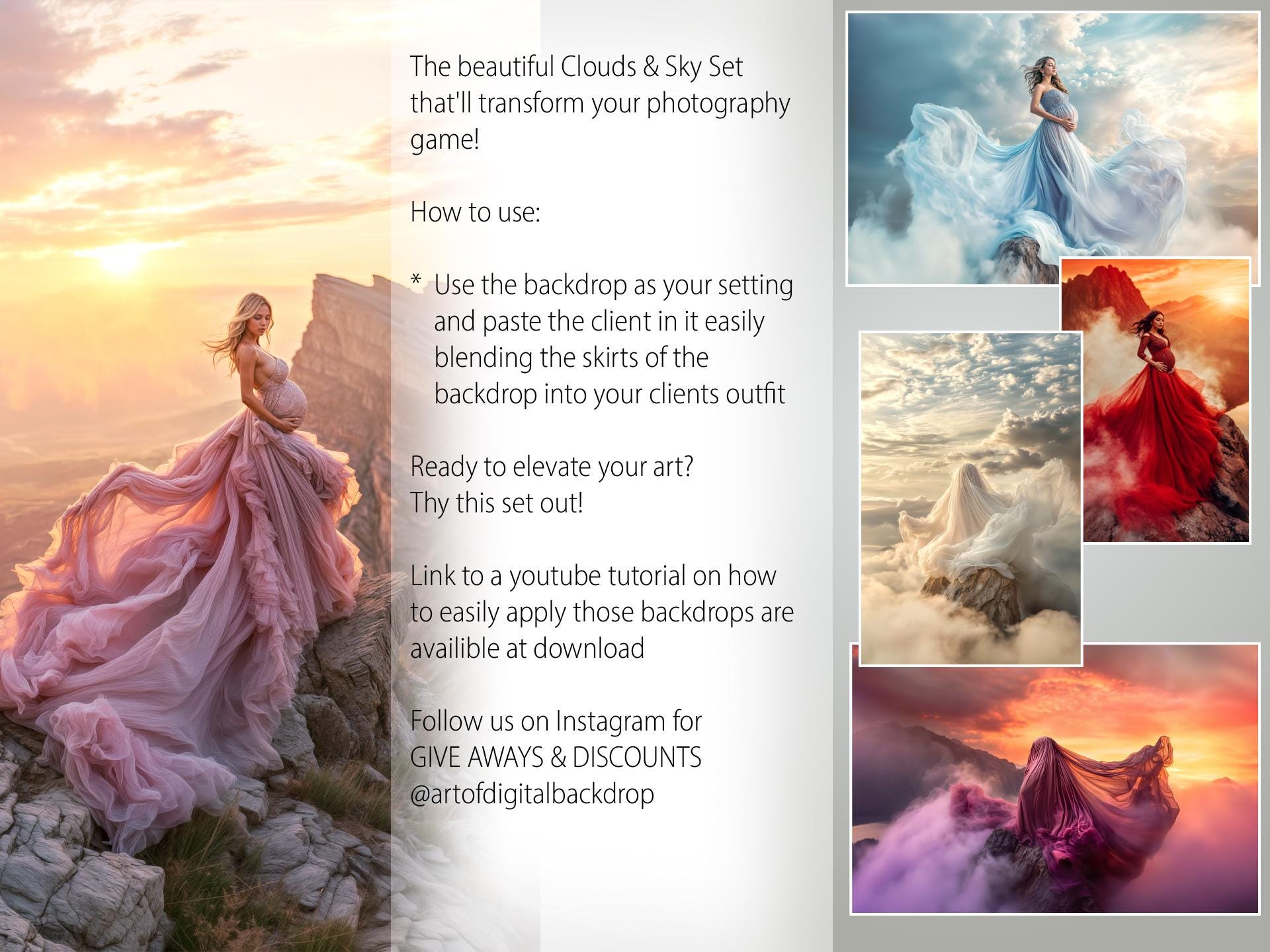 Sky, Clouds, Mountain & Flowing Flaying Fabric Dress Digital Backdrops ...